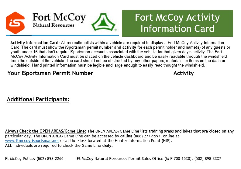 Activity Information Card - Fort McCoy - iSportsman